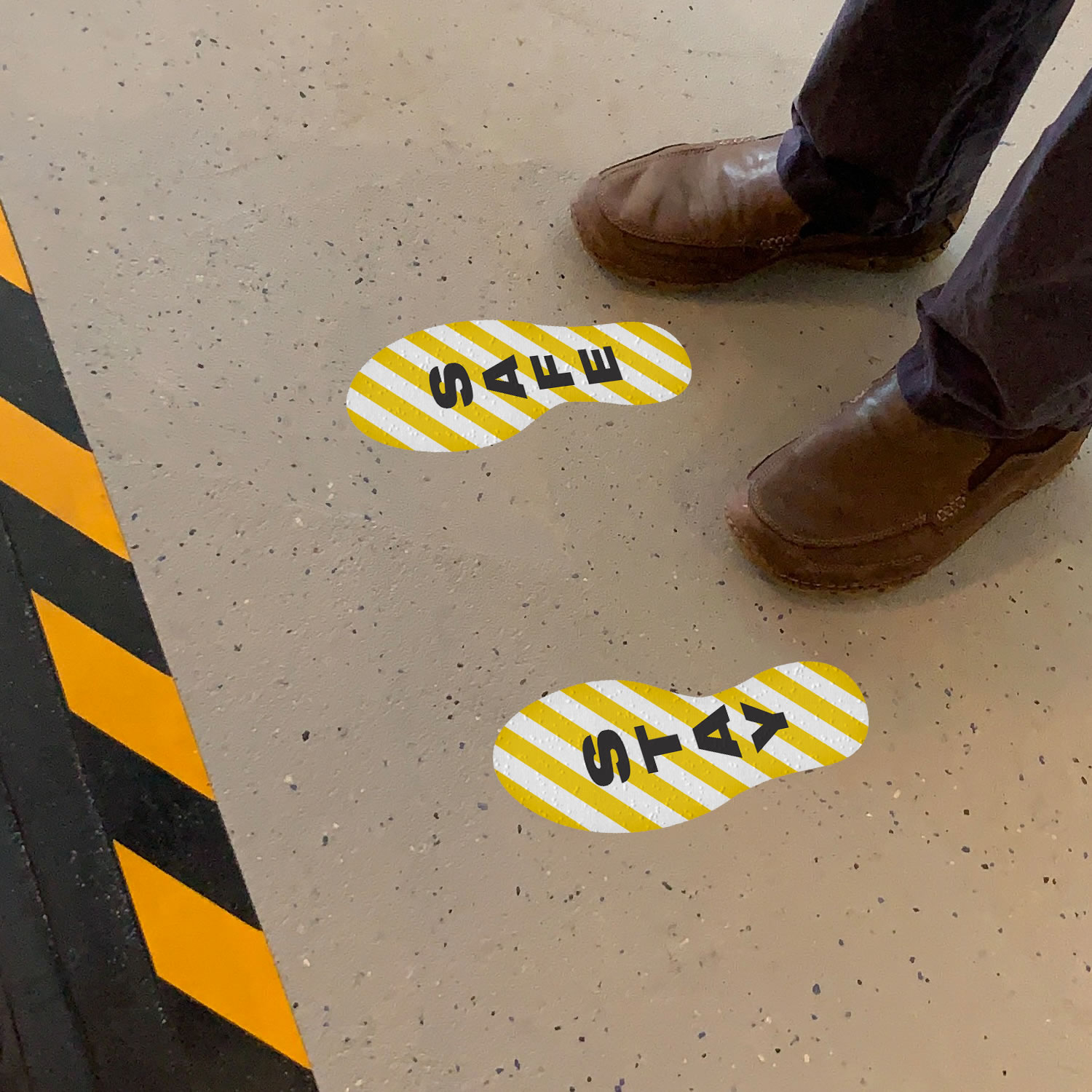 Stay Safe Footprints Floor Marker With Stripes Signs